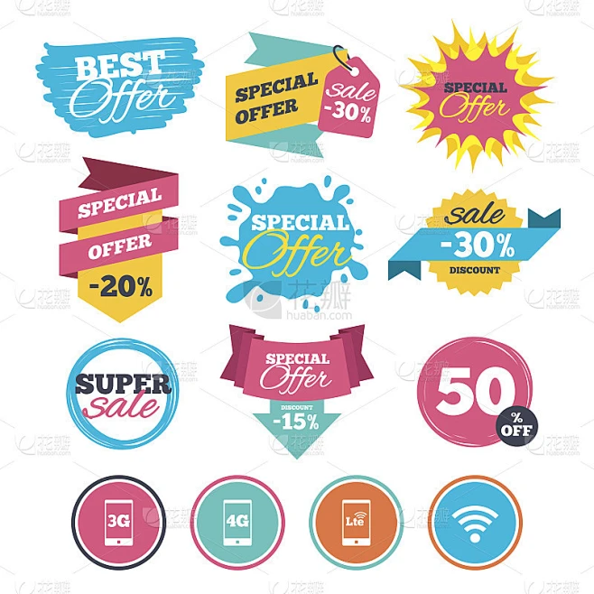 移动电信图标。3G, 4G和LTE。素材-花瓣网