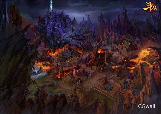 CGwall游戏原画网站_《斗仙》丰都鬼城布局：丰都鬼城是《斗仙》55—60练级区，城内阴气森森，怪石嶙峋，戾魂游荡，哀号声声，若有似无。踏足城中不免令人心生寒意，毛骨悚然！-花瓣网