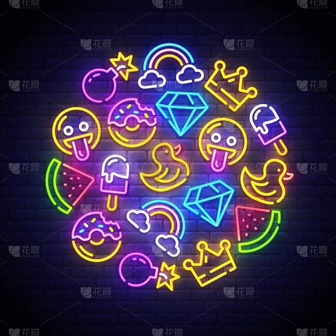 流行艺术图标集。波普艺术霓虹招牌。亮堂堂的招牌，亮亮的横幅。霓虹灯孤立图标，会徽。炸弹，钻石，皇冠，
