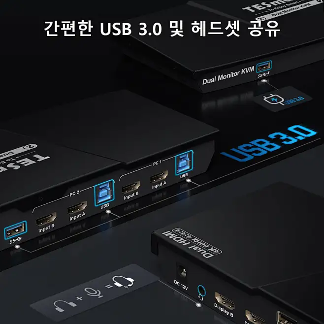 TESmart 티이스마트 2포트 듀얼 모니터 KVM 스위치 HDMI 4K60Hz, USB 3.0 및 오디오 I/O 포함-花瓣网