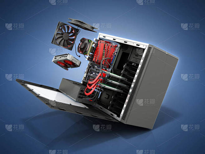 打开 Pc 机箱与内部部件主板冷却器显卡电源硬盘驱动器3d 渲染蓝色渐变