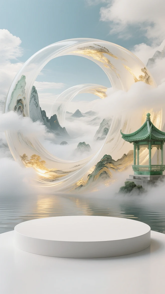 场景，展台，电商背景，国风山水，流体艺术，玉质建筑，竖版，zxs (9)-花瓣网