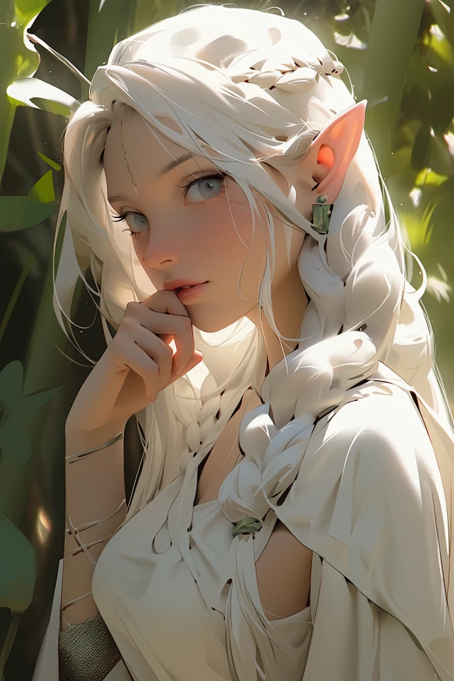 ym1573_Beautiful_female_elf_Green_eyes_White_skin_Long_white_ha ...