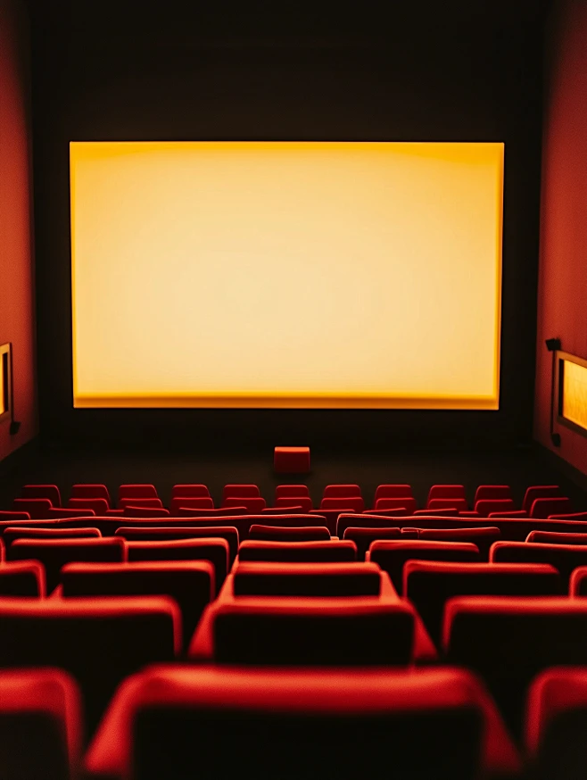 A movie theater, front view, the front is a luminous blank screen ...