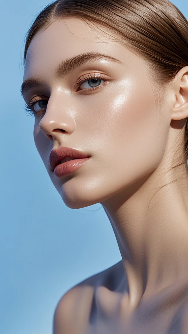 商业拍摄，侧脸，脸部特写，肌肤细腻感，外国名模，高级感，面部细节完美，人物细节精致，大光圈，细腻的光泽，8K渐变，明亮，蓝色背景-花瓣网