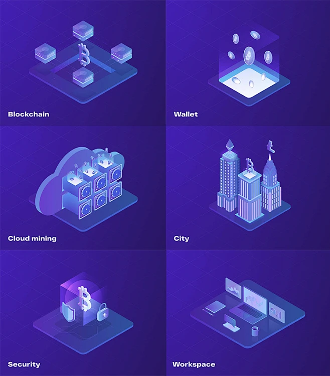 2.5D等距立体UI插画商务金融科技区块链海报banner设计素材S214-淘宝网-花瓣网