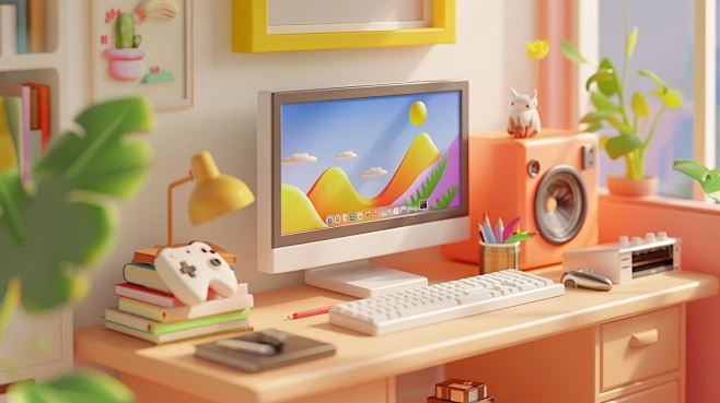 3D, cartoon toy type desk scene, in a corner of the room with a window ...
