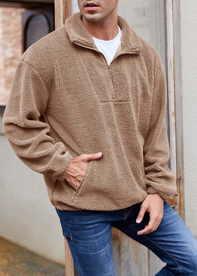 Gafeng Mens Fuzzy Sherpa Zip Up Sweatshirt Long Sleeve Jackets Furry ...