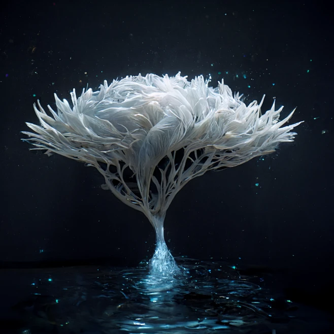 ethereal, cymatics tree in space made of swan feathers, swiming under ...
