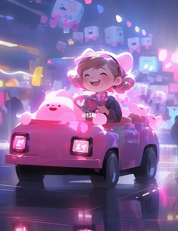 super cute girl, driving pink sports cars, fluorescent translucent ...