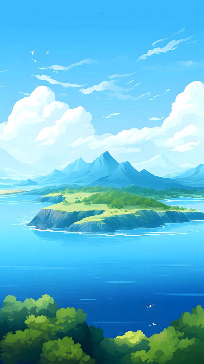 卡通夏日大海海岛插画-花瓣网