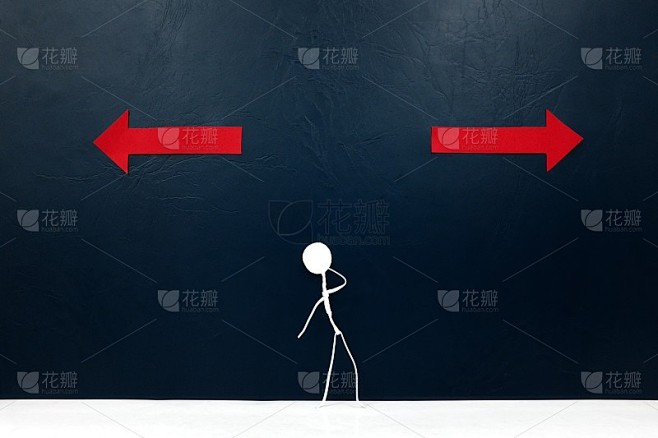 Human stick figure choosing between red left or ri