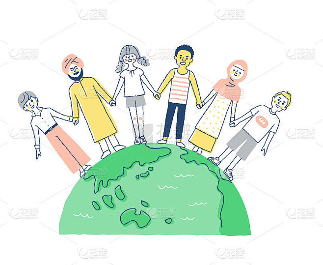 不同种族的人们与地球手牵手
