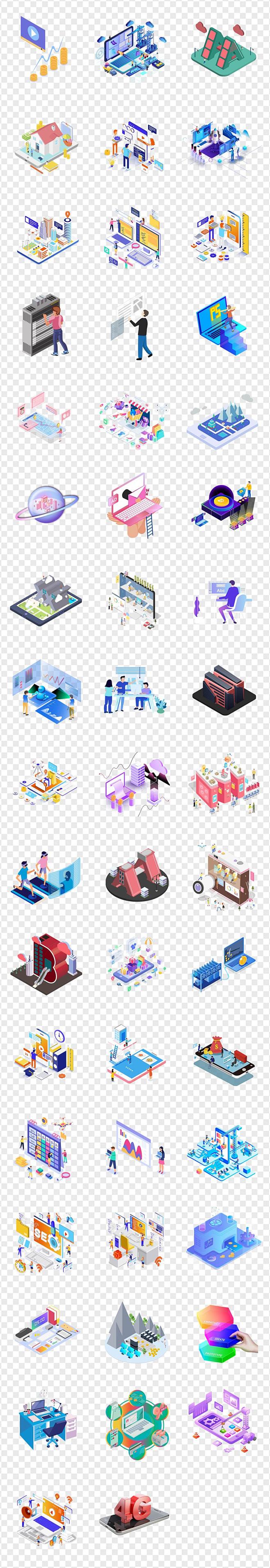 互联网2.5D云科技立体插画大数据商务海报透明底素材背景图片PNG