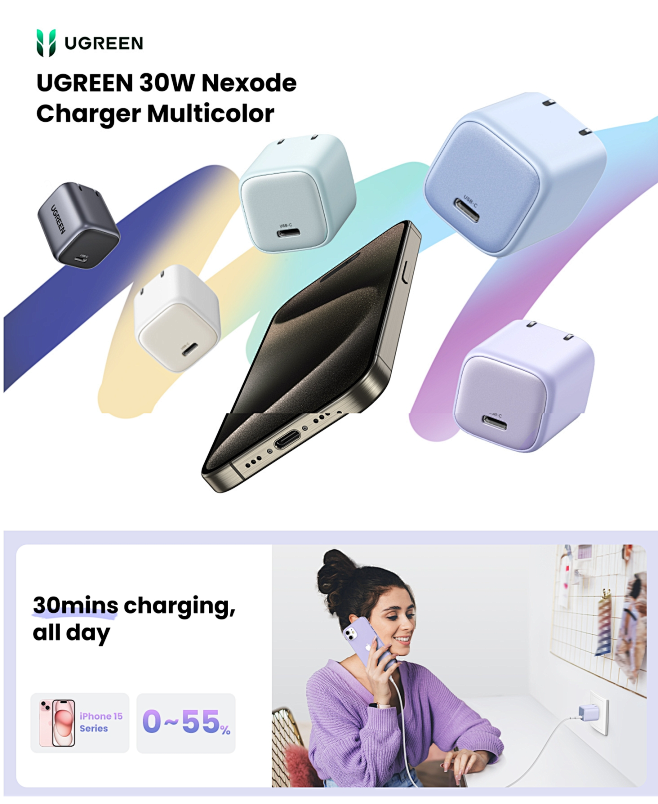 Amazon.com: UGREEN 30W USB C 充电器,Nexode 可折叠 GaN PPS 紧凑型快速壁式充电器块,USB-C 电源适配器兼容 iPhone 15 Pro ...