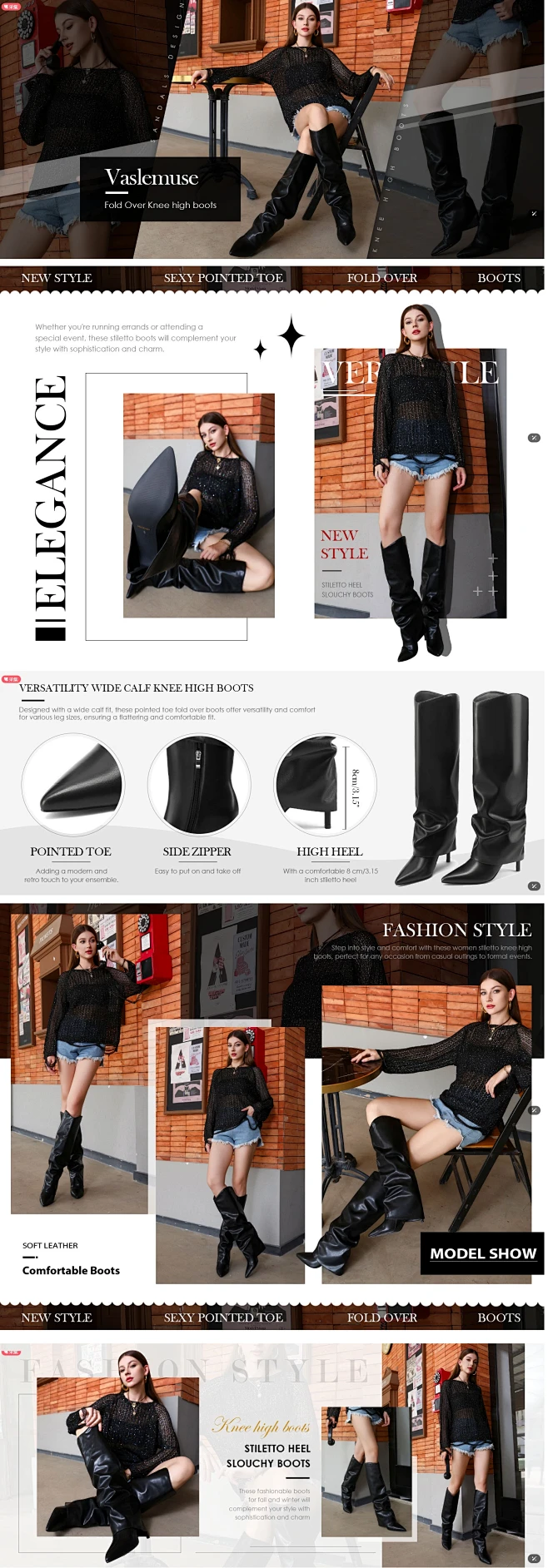 Amazon.com: Vaslemuse Womens Fold Over Knee High Boots Stiletto High Heel Slouchy Tall Boots ...