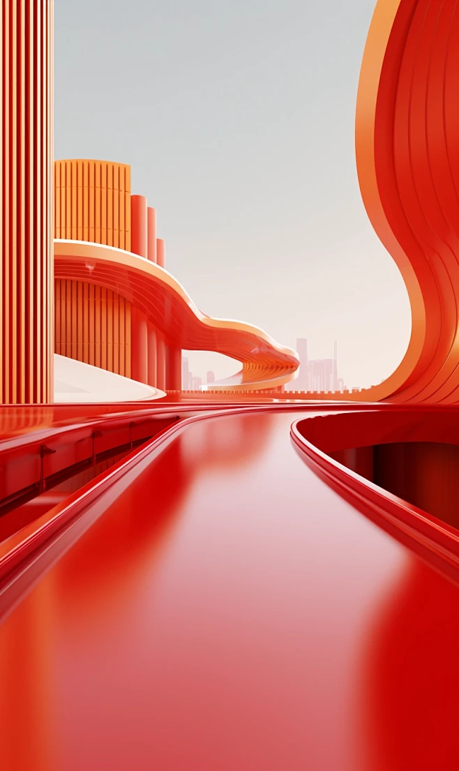 3d red highway through two red buildings with a car, in the style of ...