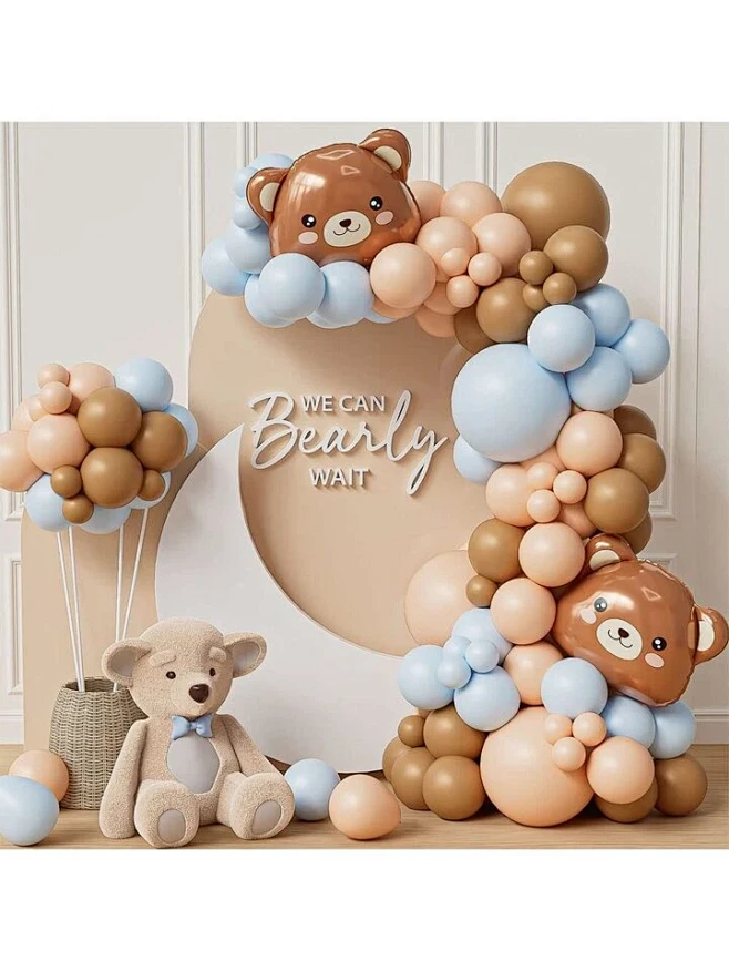 144pcs Bear Themed Baby Shower Decoration, Brown And Blue Bear Foil ...
