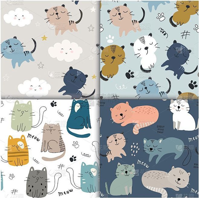 set of seamless patterns with cute cats. vector il