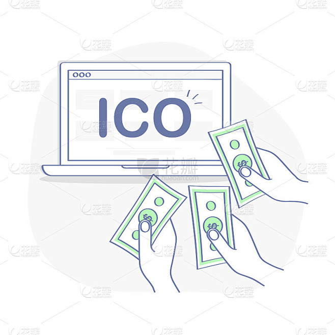 区块链ICO，首次代币发行启动-矢量插图