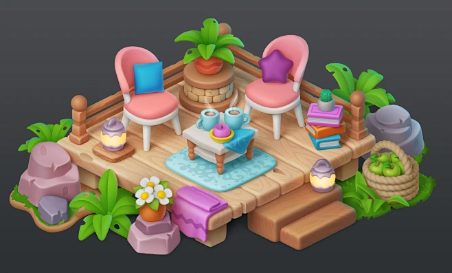 2D 3D cartoon casual casual game concept Digital Art game object game props rest area-花瓣网