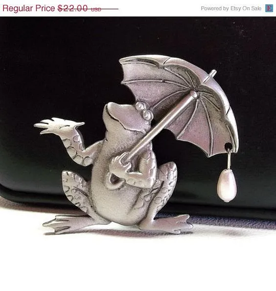 Frog Umbrella JJ pin brooch pewter by dollherup on Etsy, $19.80 # ...