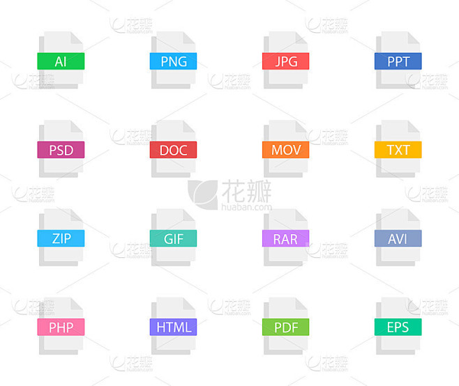 文件类型图标的集合。文档的格式和扩展名。PDF, DOC, JPG, PSD, MP3, TX, Z