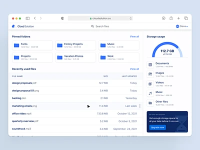 Cloud Storage Dashboard charts lists folders overview dashboard desktop ...