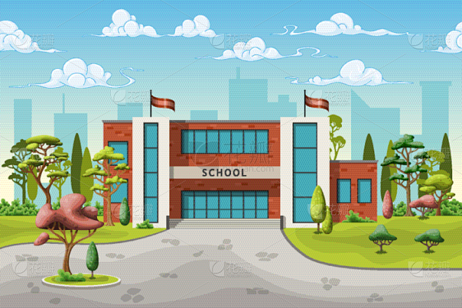 卡通,学校,自然,外立面,房屋,图像,灌木,植物群,矢量,窗户