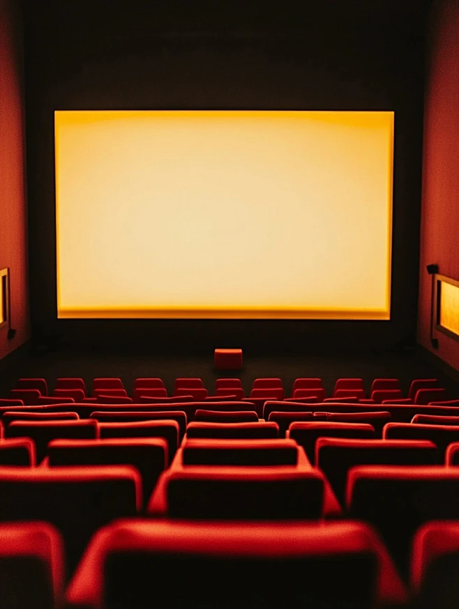 A movie theater, front view, the front is a luminous blank screen ...