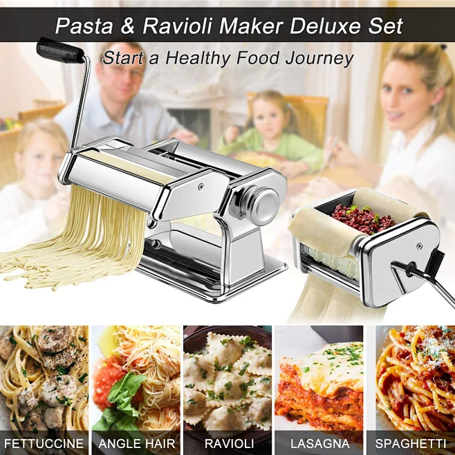 Delihom Pasta Maker - Stainless Steel Pasta Machine, Cutter, Ravioli ...