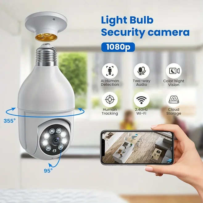 Temu｜1pc Light Bulb 1080p Security Wireless Camera, Wifi Smart For Home ...