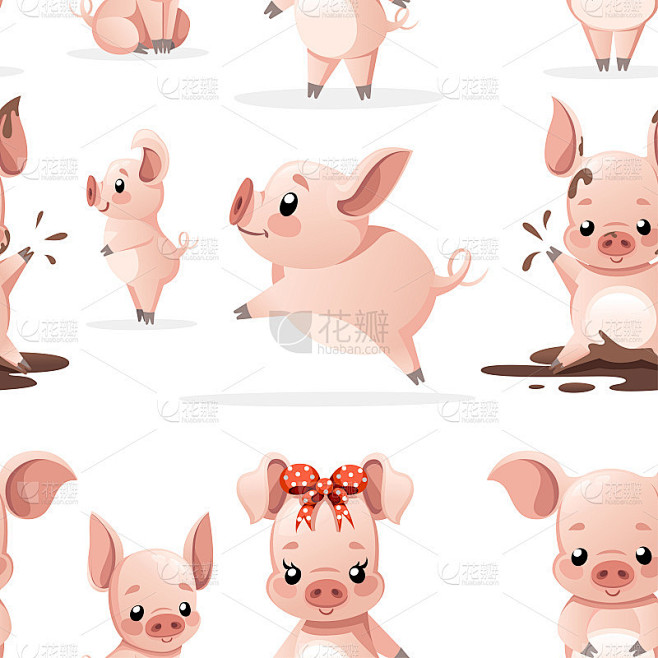 Seamless pattern. Cute pig collection. Cartoon cha