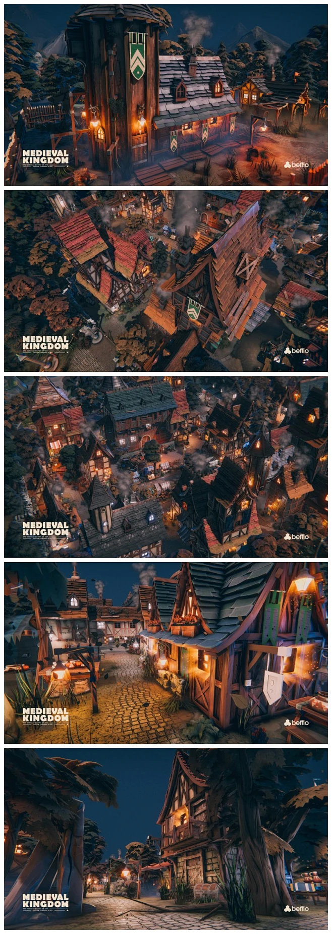 Unity3d场景 中世纪王国3D模型 卡通Q版城镇建筑植物山石花草树木道具物件3D模型 FBX模型 CG原画参考设定-花瓣网