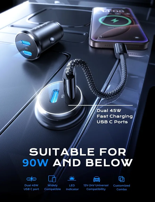 Amazon.com: LISEN 90W USB C Car Charger Fast Charging, Dual PD 45W USB C Port for iPhone 16 Car ...
