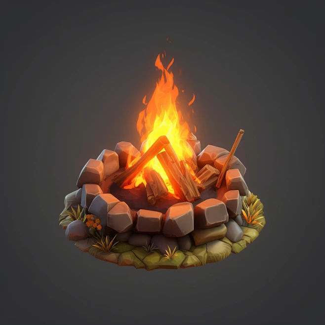 campfire, single item, game asset, low-poly, simple colours-花瓣网