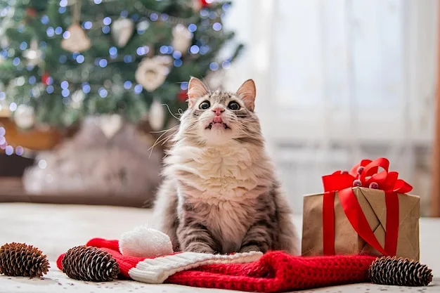 Christmas cat portrait of a fat fluffy cat next to a gift box on the ...