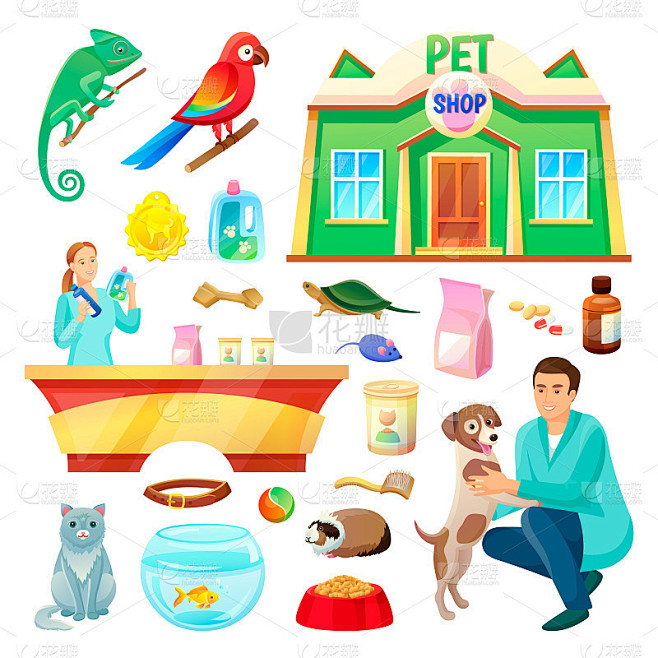 Pet Shop Illustrations with Animals and Products