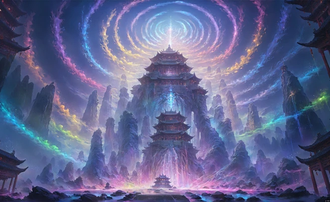 The sect building is located on a colorful rainbow, surrounded by a ...