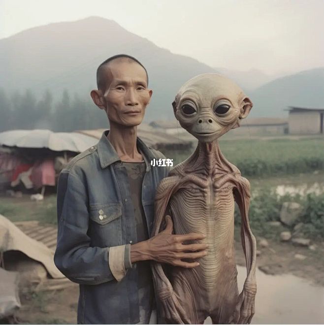 Ai创作80年代，一村民发现外星人并合影留念