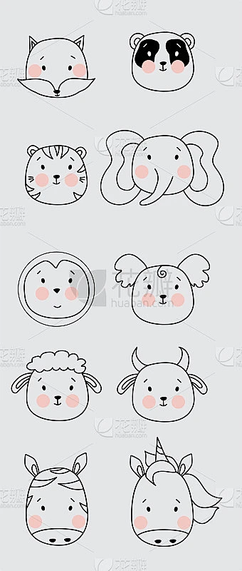 Outline drawing. Cute simple animal portraits - fo素材-花瓣网