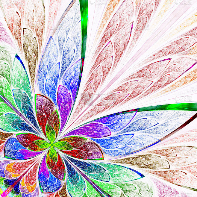 多色美丽的分形花朵。计算机生成的图形