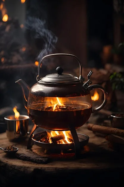 photo brewing tea on the teapot on campfire-花瓣网
