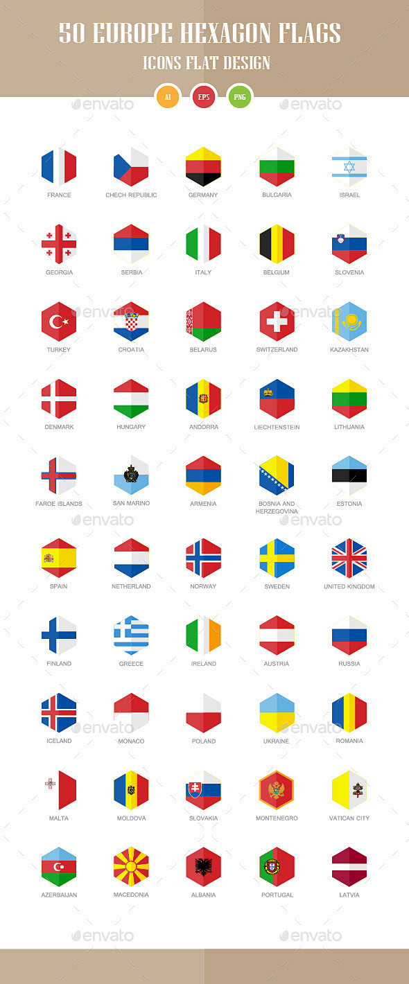 欧洲50国旗图标.六角平面设计——对象图标50 Europe Flag Icons. Hexagon Flat Design ...