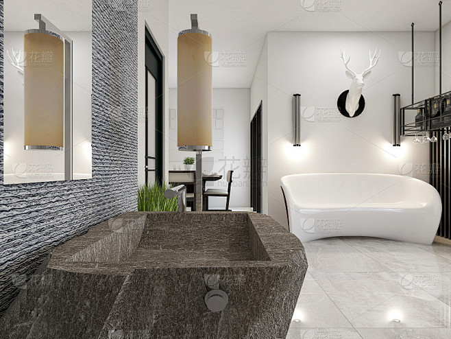 现代极简设计的大堂接待室配有吧台、椅子、装饰等。