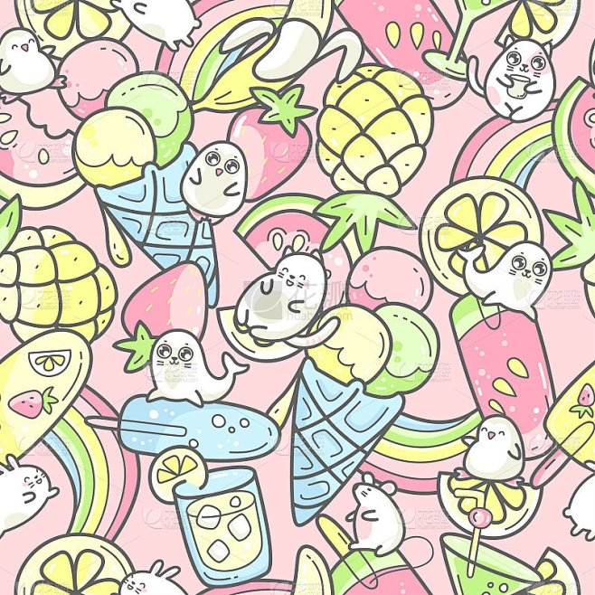 Kawaii cute seamless pattern with summer sweet foo素材-花瓣网