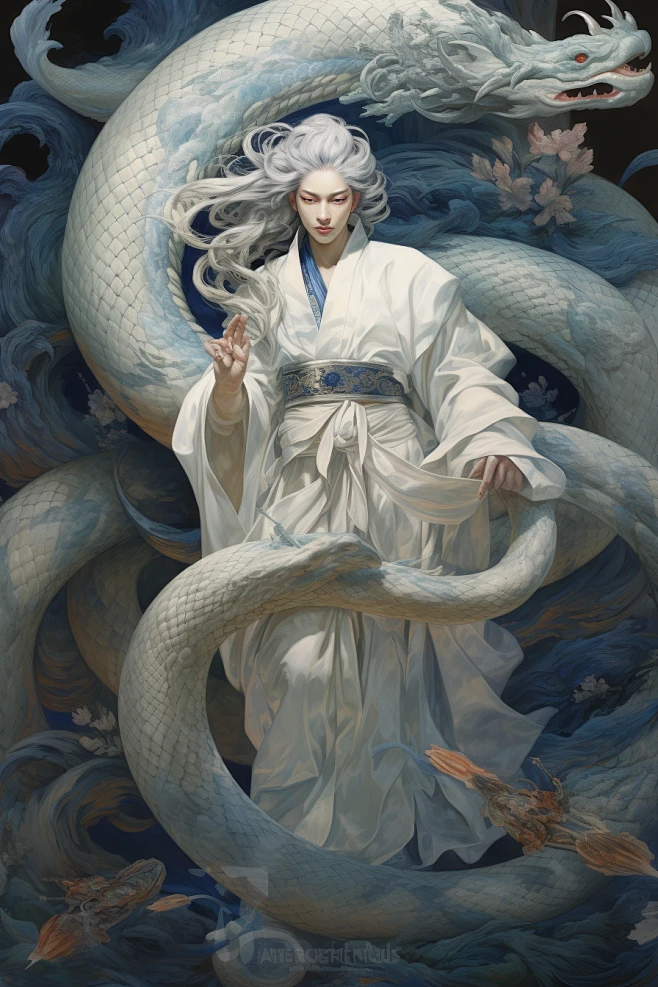 A handsome man dressed in white and blue garments stands before us ...