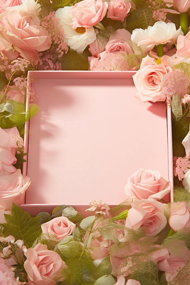 a pink box surrounded by fresh roses and green leaves, in the style of ...