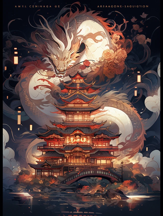 illustrated by Guo Chao style, poster design, GoldenLantern Palace in ...