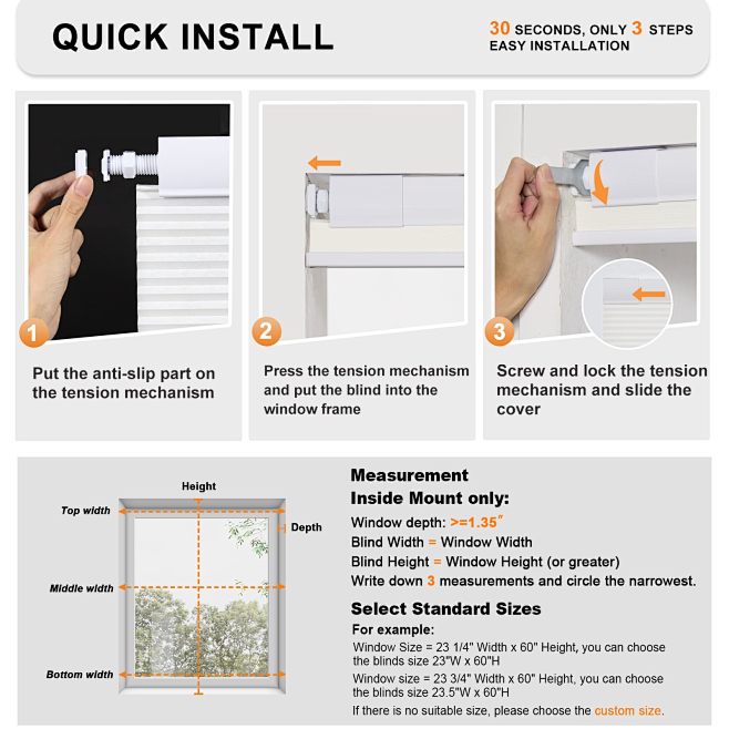 Amazon.com: Persilux Custom Size No Drill No Tools Cordless Cellular Blinds & Shades for Window ...
